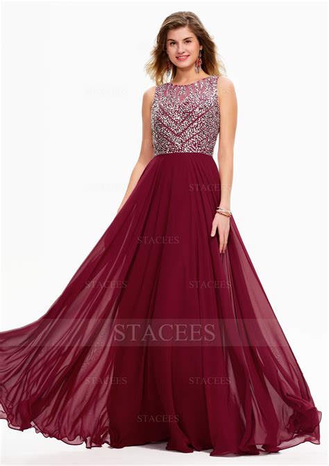 A Line Scoop Neck Chiffon Long Floor Length Prom Dress With Beading