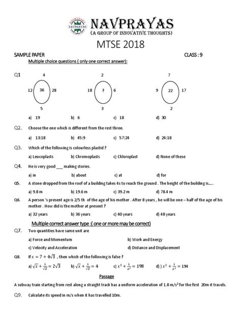 Mtse 2018 Sample Paper Class 9 Pdf Spacetime Physics