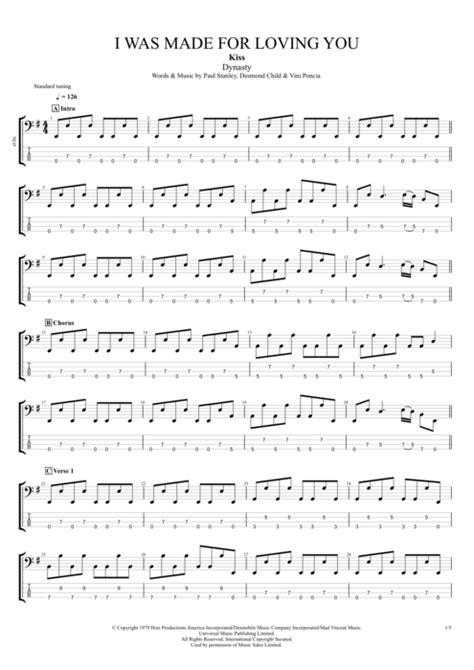 Tablature I Was Made For Lovin You De Kiss Guitar Pro Full Score