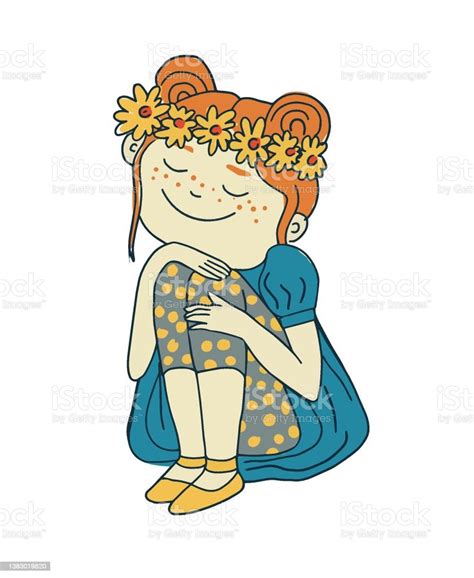 파란 드레스를 입은 어린 소녀와 머리에 꽃화환을 입고 앉아 미소를 짓고 여름 손으로 그린 일러스트레이션 흰색 배경에 고립된 인물