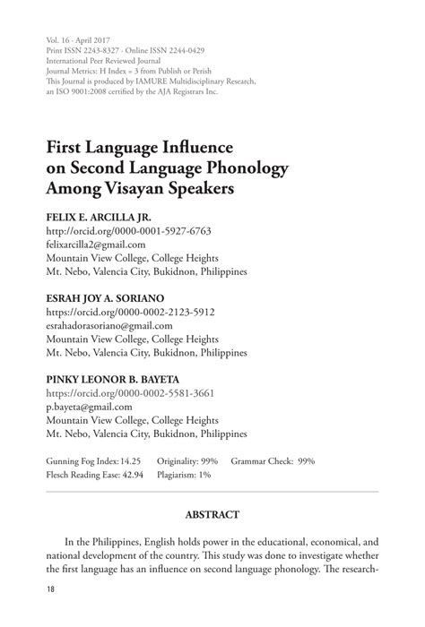 Pdf First Language Influence On Second Language Phonology Among
