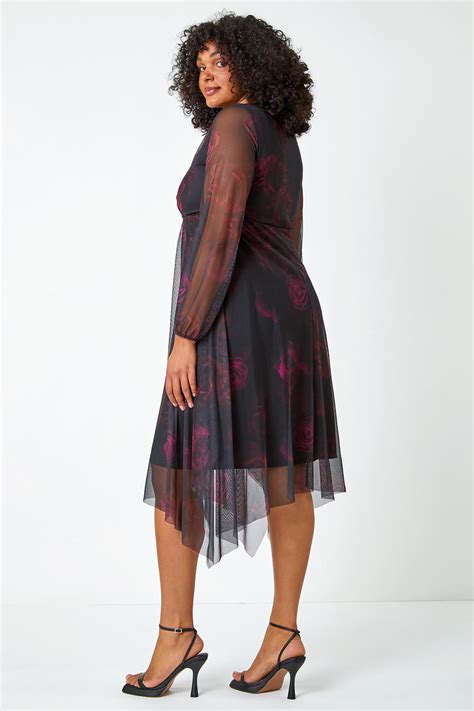 Black Curve Floral Mesh Overlay Wrap Dress Roman Uk