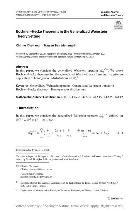 Bochnerhecke Theorems In The Generalized Weinstein Theory Setting