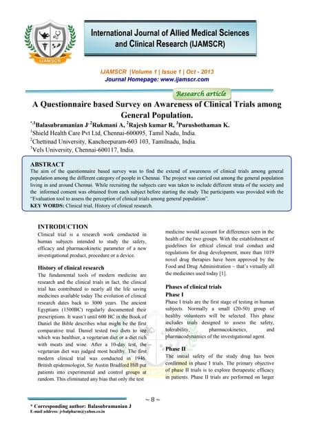A Questionnaire Based Survey On Awareness Of Clinical Trials Among