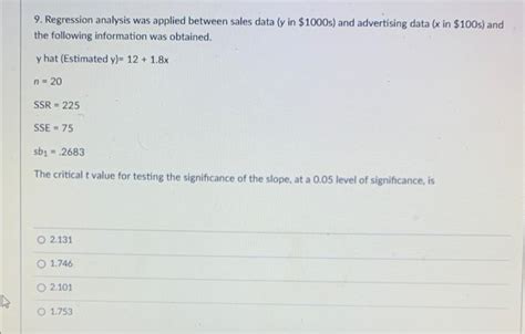 Solved 9 Regression Analysis Was Applied Between Sales Data