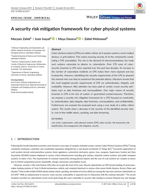 A Security Risk Mitigation Framework For Cyber Physical Systems Ea