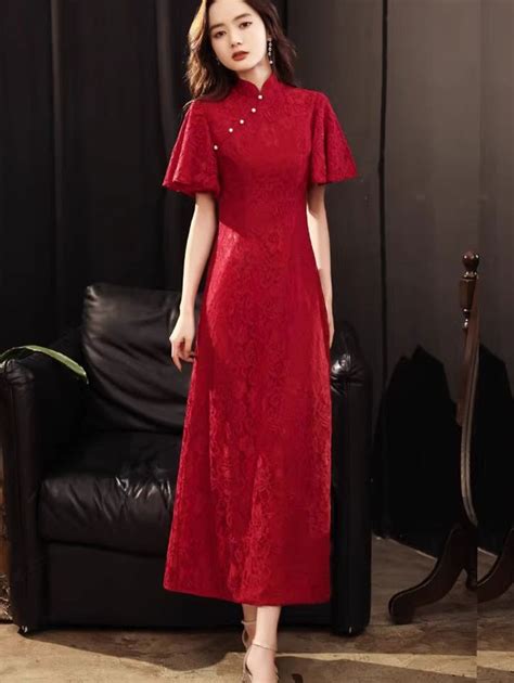 Red Lace Flutter Sleeve A Line Qipao Cheongsam Dress