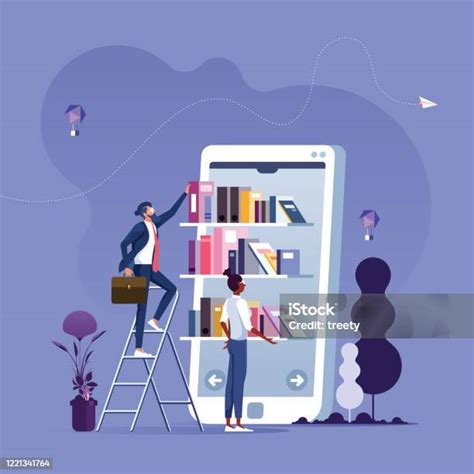 스마트 폰 화면에 책장에서 책을 복용 온라인 독서 사업가 모바일 라이브러리 개념 전자책에 대한 스톡 벡터 아트 및 기타 이미지 전자책 도서관 테크놀로지 Istock