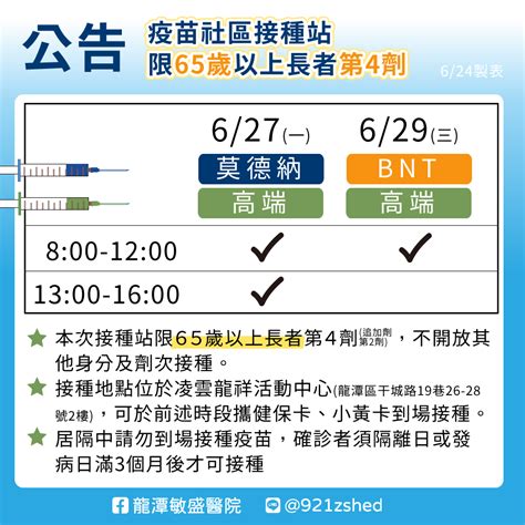 龍潭敏盛醫院 【公告疫苗社區接種站 限65歲以上長者第4劑追加劑第2劑】 👉時間：627一
