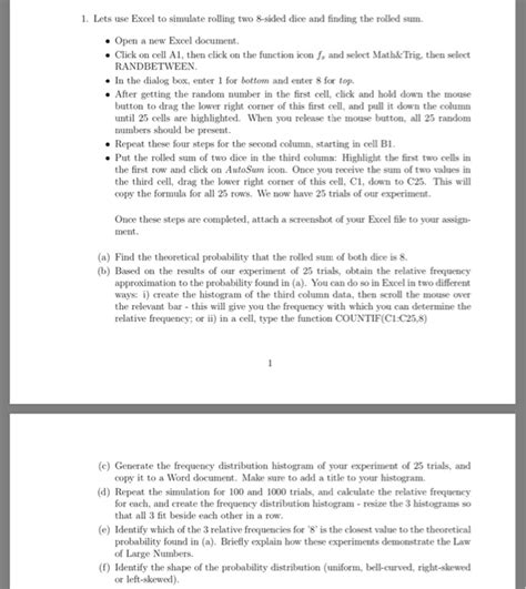 Solved 1 Lets Use Excel To Simulate Rolling Two 8 Sided