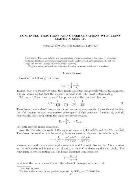 Pdf Continued Fractions And Generalizations With Many Limits A Survey