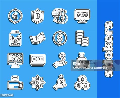 세트 라인 환전 유로 기호 달러 돈 스택 종이 현금 유리 항아리 동전 금융 성장 및 아이콘이 있는 동전 돈 벡터 0명에 대한 스톡 벡터 아트 및 기타 이미지 Istock