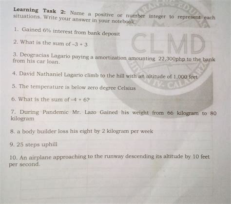 Solved Learning Task 2 Name A Positive Or Number Integer To Represent