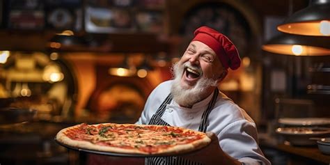 Premium Photo Joyful Chef Presenting A Freshly Baked Pizza In A Cozy