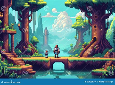 Realistic Fantastic Cartoon Style Artwork Scene Pixel Art Stock