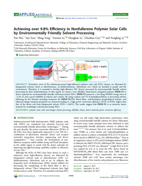 Pdf Achieving Over 98 Efficiency In Nonfullerene Polymer Solar Cells By Environmental