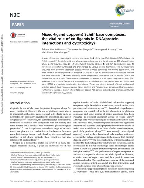 Pdf Mixed Ligand Copperii Schiff Base Complexes The Vital Role Of Co Ligands In Dnaprotein
