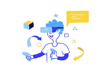 게임 개발 개념 낙서 Vr 게임 증강 가상 현실 안경과 조이스틱을 가진 소년 역학 트렌디 한 물건을 재생합니다 3d 사이버 시뮬레이션 벡터 게이머 현대 장치 3차원 형태에