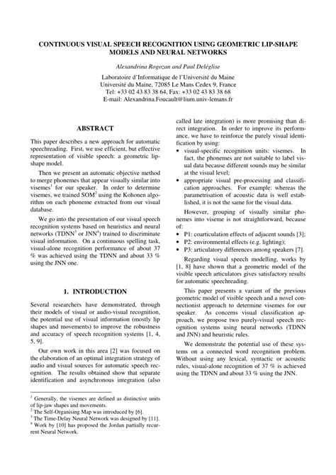Pdf Continuous Visual Speech Recognition Using Geometric Lip Shape Models And Neural Networks
