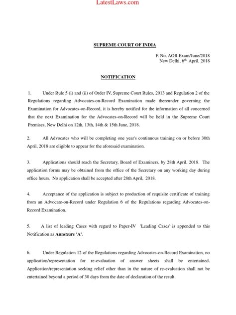 Aor Exam Notification 2018 Pdf Supreme Court Of India Advocate