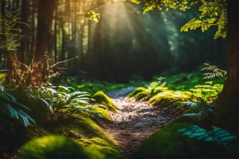 A Path In A Forest With The Sun Shining Through The Trees Premium Ai