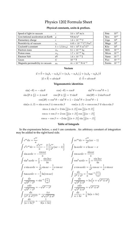 Physics 1202 Formula Sheet Physics 1202 Formula Sheet Physical