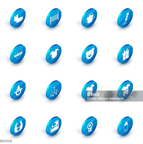 세트 아기 침대 요람 침대 병 그림 왁스 크레용 플래그와 카니발 화환 더미 젖꼭지 Onesie 선물 상자와 테디 베어 봉제 인형 아이콘 벡터 0명에 대한 스톡 벡터 아트 및