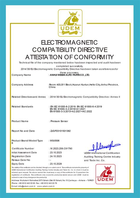 Certificate Weishi Auto Parts