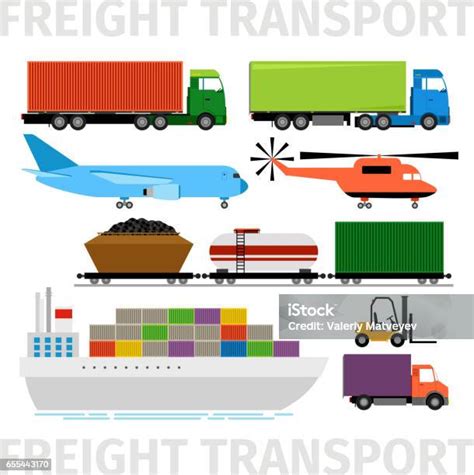 수송 차량 비행기 및 기차 트럭 트레일러 배 벡터 일러스트 레이 션 화물 운송에 대한 스톡 벡터 아트 및 기타 이미지 화물 운송 개념 개체 그룹 Istock