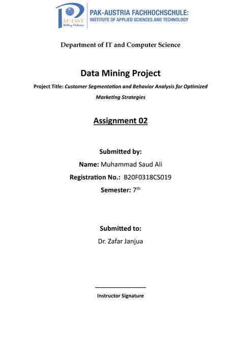 DM Assignment Muhammad Saud Ali Department Of IT And Computer Science Data Mining Project