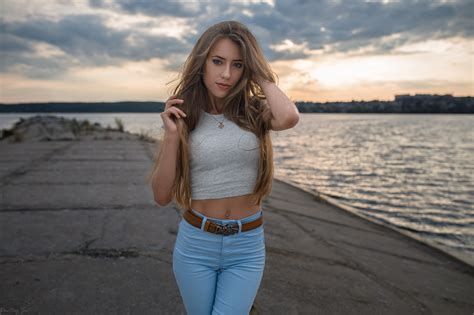 Wallpaper Portrait Pants Long Hair Women Outdoors Belly Blue Eyes Necklace 2048x1365