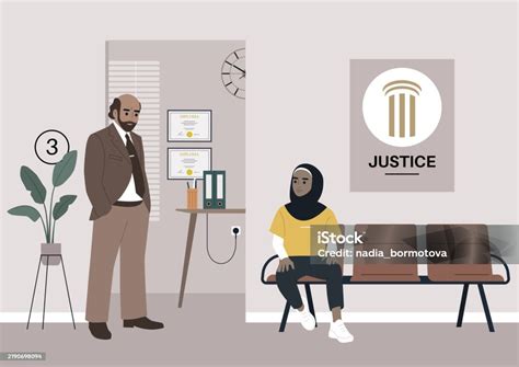 히잡을 쓴 여성이 현대식 법률 사무실의 벤치에 앉아 있는 동안 양복을 입은 남성이 근처에 서서 사법 관련 환경에서 전문성과 지원의 분위기를 강조합니다 감시에 대한 스톡 벡터