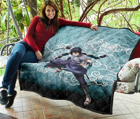 Naruto Anime Sasuke Uchiha Cloud Pattern Blue Theme Premium Quilt Blanket Gear Fandom