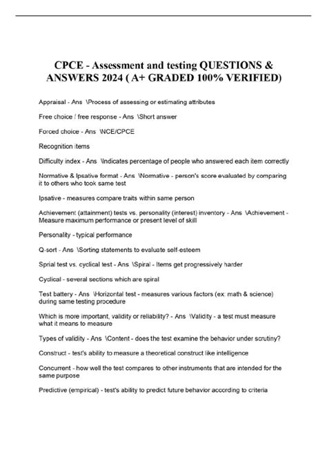 Cpce Assessment And Testing Questions And Answers 2024 A Graded 100 Verified Cpce