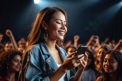 Music Fan Enjoying Night Perfomance Of Famous Artist On Stage And Using