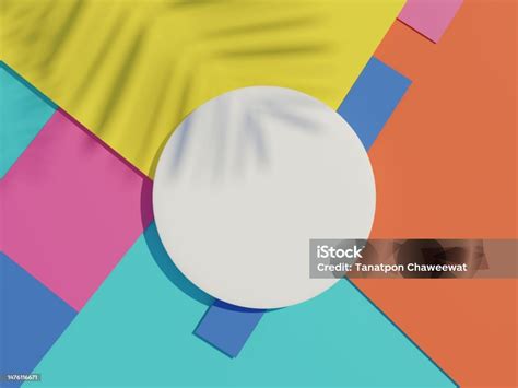 3d는 여름 배경이 있는 야자수 잎의 그림자가 있는 제품을 모형화하고 전시하기 위한 흰색 빈 실린더 프레임의 평면도를 렌더링합니다 0명에 대한 스톡 사진 및 기타 이미지