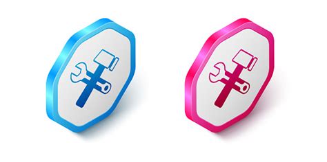 흰색 배경에 격리 된 등색 교차 망치와 렌치 스패너 아이콘 하드웨어 도구 육각 버튼 벡터 3차원 형태에 대한 스톡 벡터 아트 및 기타 이미지 Istock