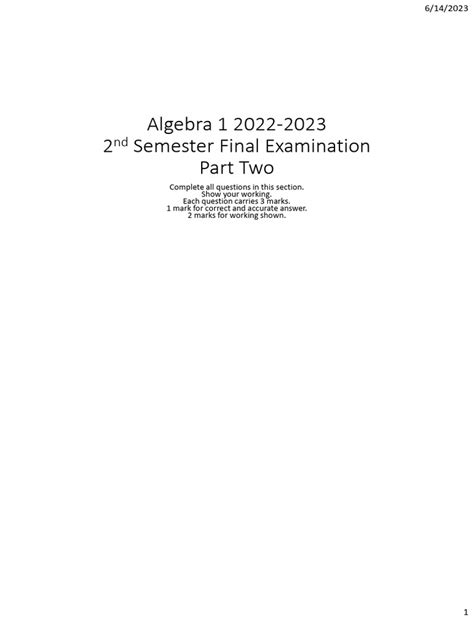 Algebra 1 2223 Semester 2 Exam Part 2 Pdf