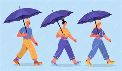 Personas Con Paraguas Hombres Y Mujeres Caminan En Clima Húmedo Y