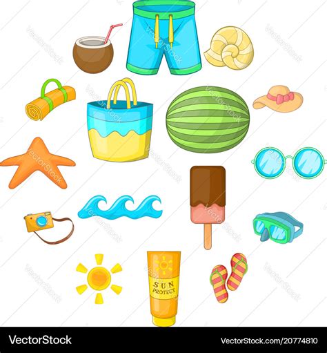 Summer Items Icons Set Cartoon Style Royalty Free Vector
