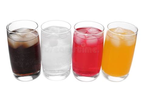 Glasses Of Different Refreshing Soda Water With Ice Cubes On White