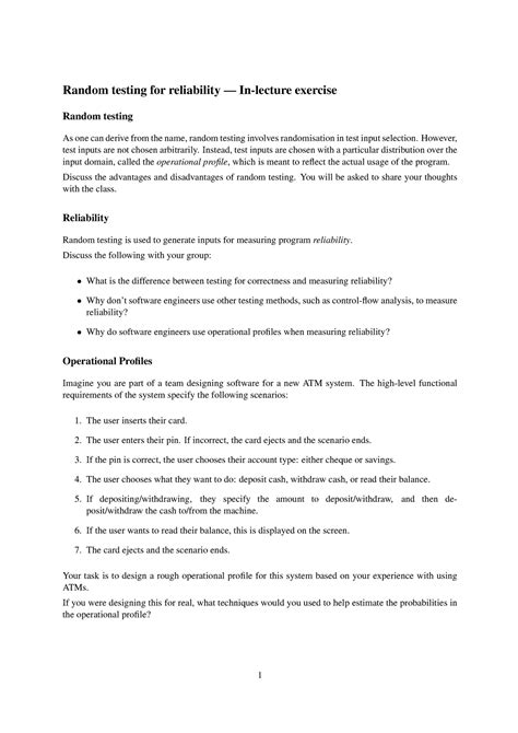 Random Testing Lecture Handout Random Testing For Reliability In