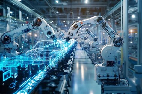 A Hightech Factory Featuring Robots Working On An Assembly Line Premium Ai Generated Image