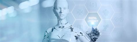 휴머노이드 로봇이 미래형 인터페이스에서 빛나는 디지털 리터러시 아이콘과 상호 작용하여 디지털 기술과 교육 및 기술 이해 발전의 중요성을 강조합니다 인공지능에 대한 스톡 사진