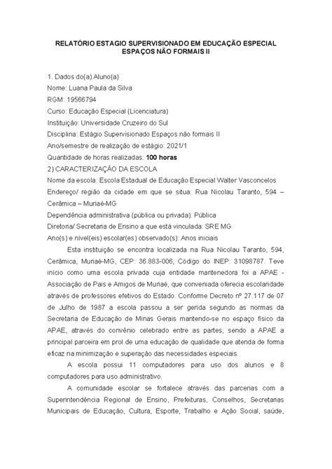 Relatório De Estágio Supervisionado Em Educação Especial Ii Luana