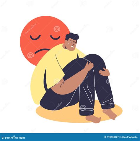 Lonely And Depressed Man Sitting And Crying Cartoon Male Character In
