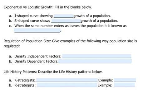 Solved Exponential Vs Logistic Growth Fill In The Blanks Below A J