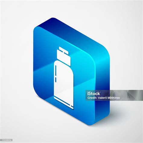 회색 배경에 격리 된 등각 칭시점 수통 물병 아이콘입니다 관광 플라스크 아이콘입니다 캠페인에서 물 사용 항아리 파란색 사각형 버튼입니다 벡터 일러스트레이션 3차원 형태에