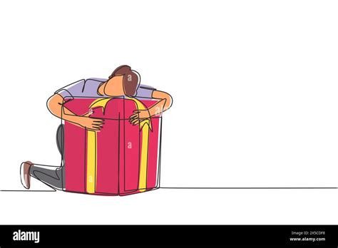 Continuous One Line Drawing Happy Man Hugging Present Box With Love