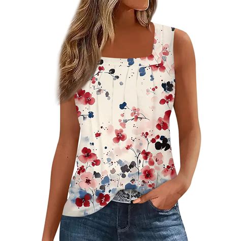 Womens Floral Print Sleeveless Blouse Casual Summer Top With Square